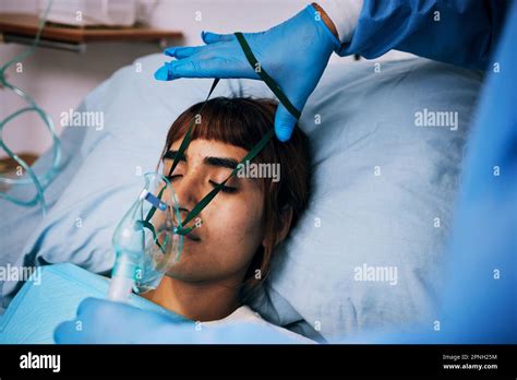 Recovery Patient And Woman In Bed Oxygen And Healthcare Problem With Breathing Issue