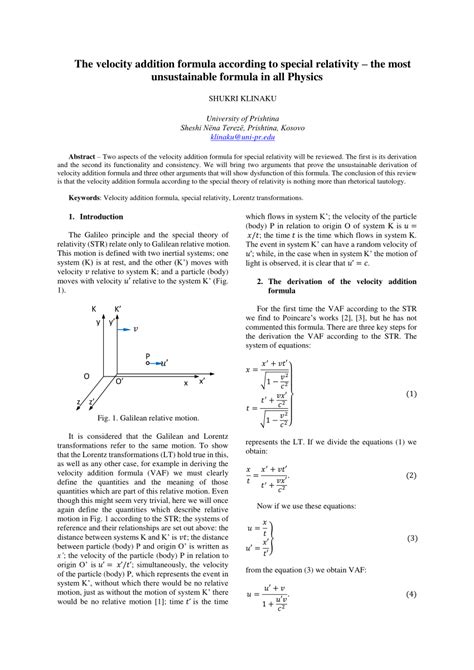 Pdf The Velocity Addition Formula According To Special Relativity