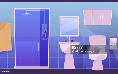 샤워실 화장실 세면대 거울이 있는 욕실 인테리어 평면 벡터 그림 샤워시설에 대한 스톡 벡터 아트 및 기타 이미지 샤워시설 선실 통나무집 Istock