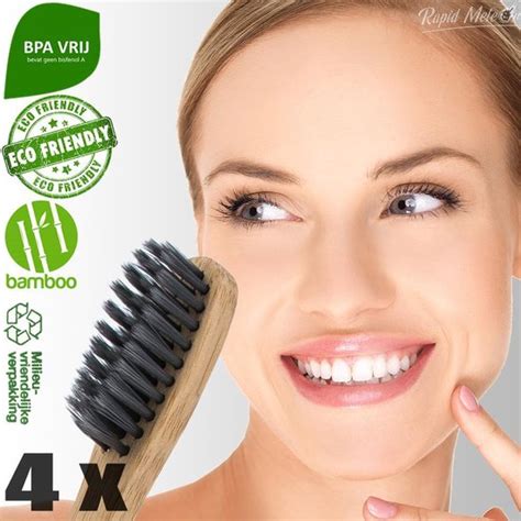 4 X Ecologische Bamboe Tandenborstel Zwart Vegan Bamboo