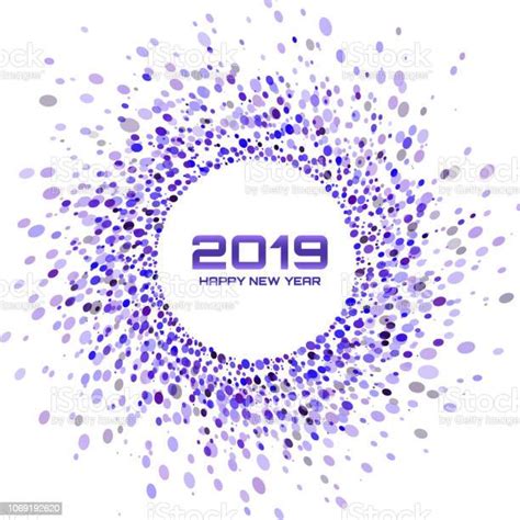 새 해 2019 카드입니다 크리스마스 다채로운 밝은 보라색 파란색 원 프레임 흰색 배경에 고립 색종이 원형 디자인 활기찬