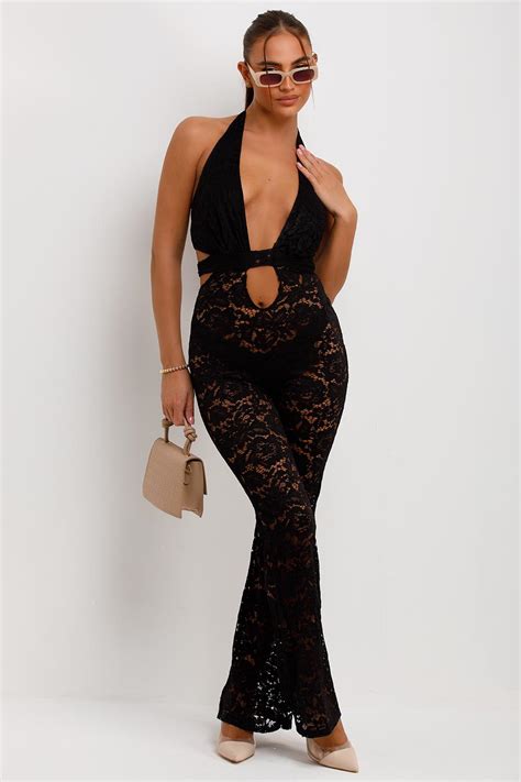 Lace Jumpsuit With Plunge Neck And Skinny Flared Legs Black Styledup