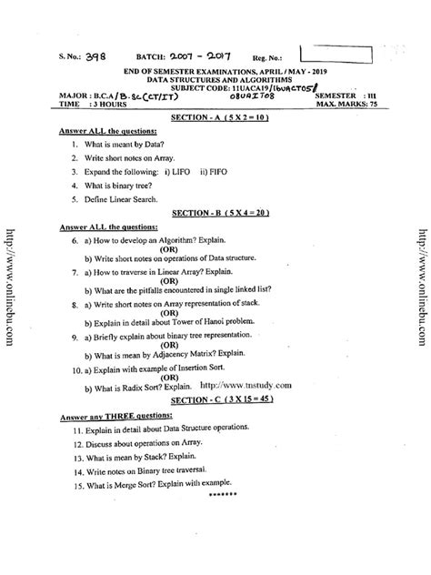 Bca Bsc 3 Sem Cs It Data Structures And Algorithms 11uaca19 May 2019
