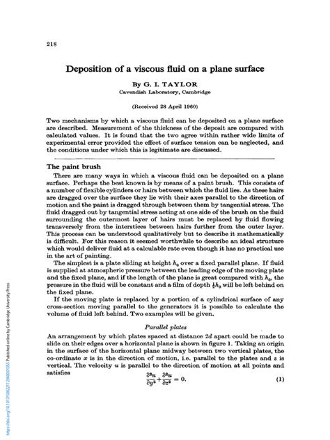 Taylor 1960 Deposition Of A Viscous Fluid On A Plane Surface Pdf Viscosity Surface Tension
