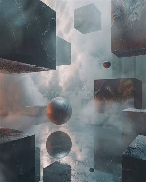 surreal futuristic scene with floating cubes and metal sphere in cloudy atmosphere stock