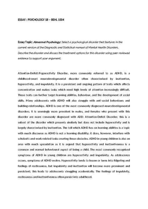 Adhd Essay Its About Adhd Essay Psychology 1b Behl 1004 Essay
