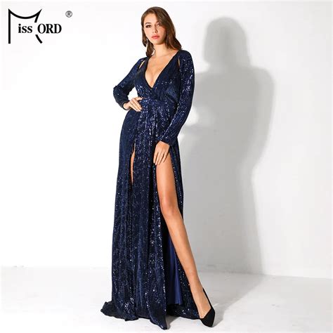 Missord 2019 Women Sexy Deep V Long Sleeve High Split Prom Dress Female