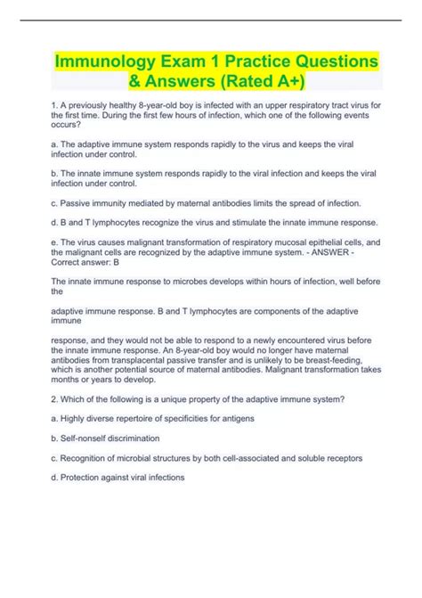 Immunology Exam 1 Practice Questions And Answers Rated A Immunology