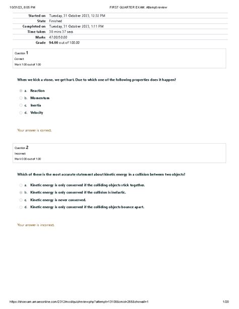 First Quarter Exam Attempt Review Started On Tuesday 31 October 2023 12 32 Pm State Finished