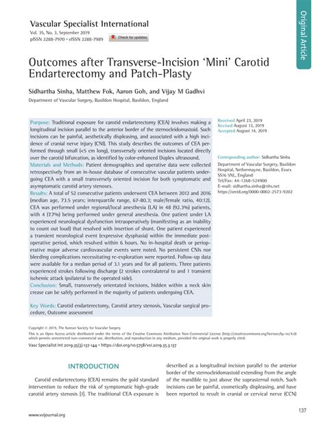 Pdf Outcomes After Transverse Incision ‘mini Carotid Endarterectomy And Patch Plasty