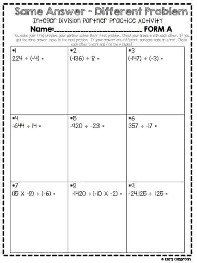 Dividing Integers Activity Partner Math Talk Dividing Negative Numbers