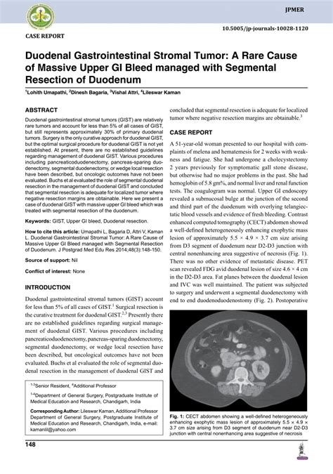 Pdf Duodenal Gastrointestinal Stromal Tumor A Rare Cause Of Massive Upper Gi Bleed Managed