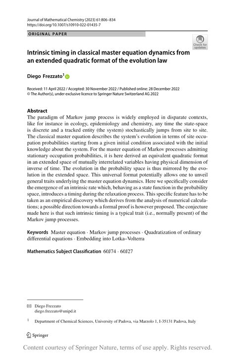 Intrinsic Timing In Classical Master Equation Dynamics From An Extended Quadratic Format Of The