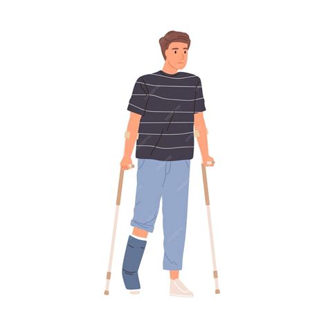 젊은 환자의 뼈 부상 또는 골절 부러진 다리에 목발과 석고를 들고 걷는 남자 사고 후 재활 및 치료 흰색 배경에 고립 된