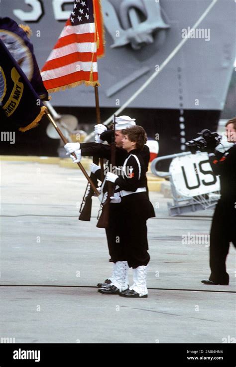 A U S Navy Color Guard Presents The Colors During The Commissioning Of