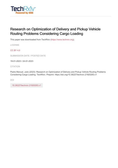 Pdf Research On Optimization Of Delivery And Pickup Vehicle Routing Problems Considering Cargo