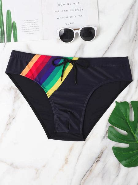 Rainbow Striped Print Swim Brief Waves And Trunks