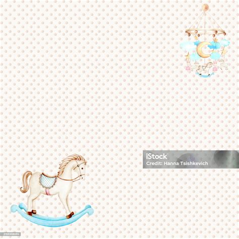 말과 회전목마가 있는 페이지입니다 수채화 일러스트는 손으로 그린 것입니다 섬유 스크랩 페이퍼 벽지 포장지 카드 초대장 및 어린이 파티 장식에 적합합니다 0명에 대한 스톡