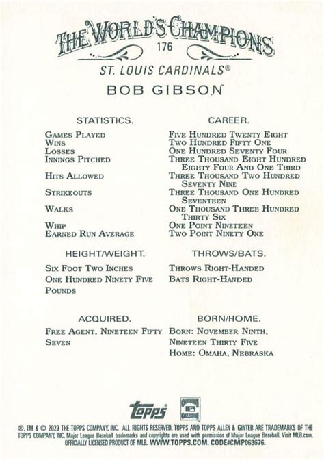 2023 Topps Allen And Ginter 176 Bob Gibson Trading Card Database