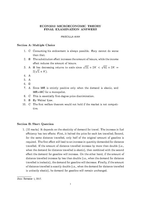 Econ2010 2017 Final Ans Econ2010 Microeconomic Theory Final