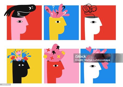 정신 건강 심리학과 자기 관리 긍정적이고 부정적인 생각 추상적 인 인간의 머리 포스터와 카드 세트 상상력과 영감 벡터 만화 플랫 절연 일러스트레이션 사람 뇌에 대한 스톡