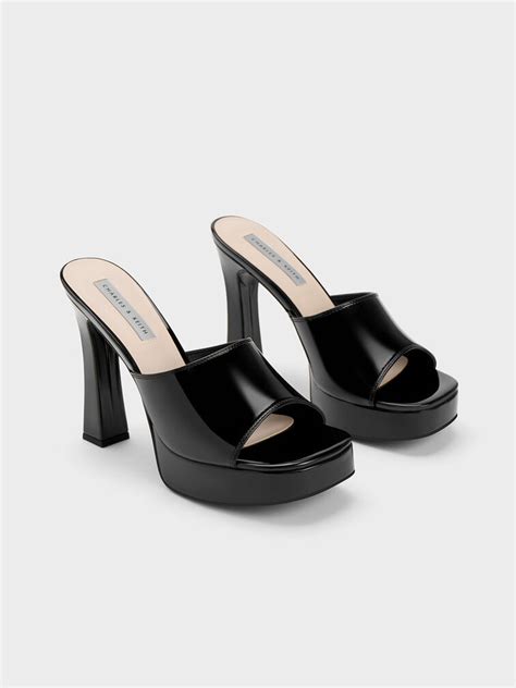 Black Patent Platform Block Heel Mules Charles And Keith Qa