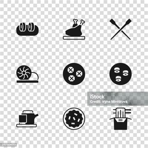 수제 파이 스시 종이 상자에 아시아 국수 완탕 음식 젓가락 구운 칠면조 또는 닭고기 및 샤오 롱 바오 아이콘을 설정합니다 벡터