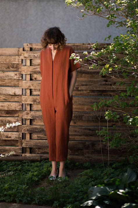 Linen Jumpsuit With Short Sleeves In Redwoodhandmade By Offon Etsy