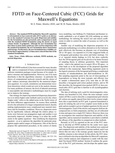 Pdf Fdtd On Face Centered Cubic Fcc Grids For Maxwells Equations