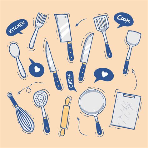 Hand Drawn Modern Various Cooking Utensil Kitchen Tools Vector Set