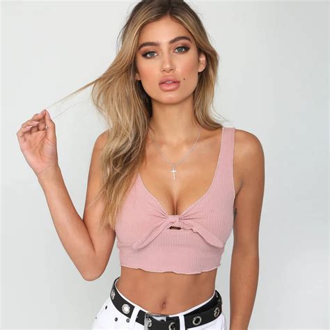 Nuojin Bow Tie Crop Tops Sexy Backless Deep V Neck Tank Tops Pink