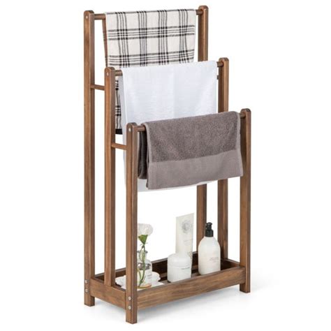 Freestanding Wood Towel Rack With 3 Individual Bars And Bottom Storage