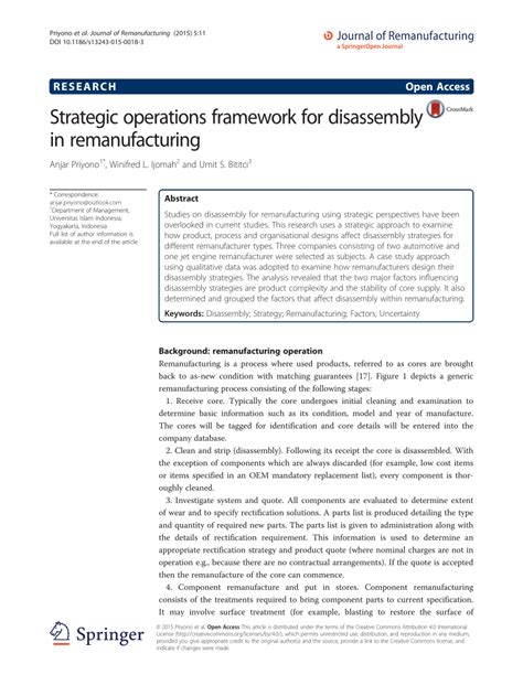 Pdf Strategic Operations Framework For Disassembly In Remanufacturing