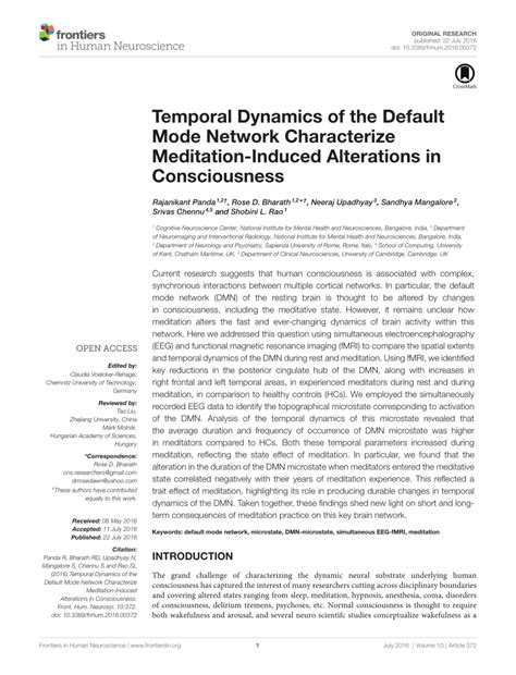 Pdf Temporal Dynamics Of The Default Mode Network Characterize Meditation Induced Alterations
