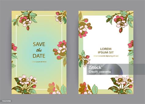 식물 결혼식 초대장 템플릿 디자인 손으로 그린 사쿠라 꽃과 나뭇가지에 잎 빈티지 시골 벚꽃 녹색 골드 배경 복고 스타일 파스텔 색 벡터 일러스트 레이 션 0명에 대한 스톡