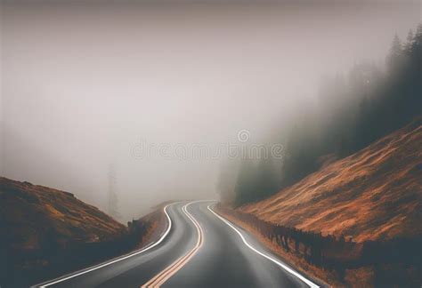 Dense Fog Covers Road Obscuring Visibility And Making Driving