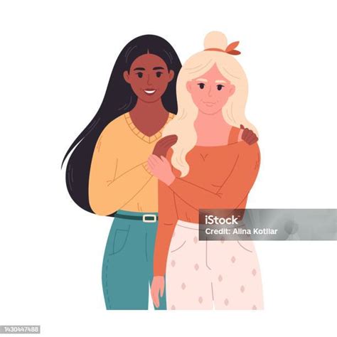 레즈비언 커플이 포옹하고 웃고 있습니다 연인 커플이 함께 Lgbt 가족 Lgbt 자존심 동성애 다인종 커플 손으로 그린 벡터