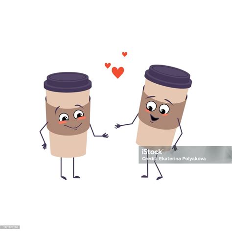 사랑 감정 미소 얼굴 팔과 다리와 커피 캐릭터의 귀여운 컵 마음에 재미 또는 행복 한 영웅 사랑에 빠지는 음료에 대 한 종이