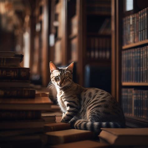 Premium Photo Cat Sitting On A Bookshelf In The Library