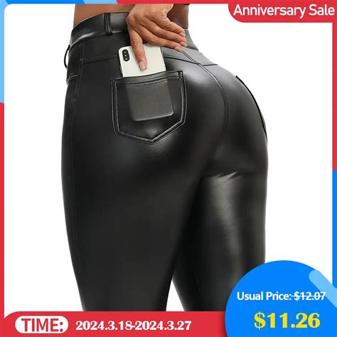 Women Pu Leather Leggings Black Pockets Leather Pencil Pants Women High