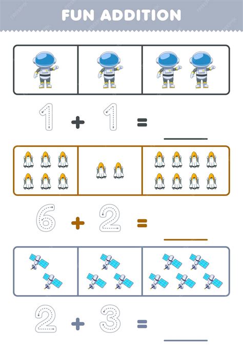 귀여운 만화 우주 비행사 우주선 위성 인쇄용 태양계 워크시트의 수를 세고 추적하여 어린이를 위한 교육 게임 재미 추가 프리미엄 벡터