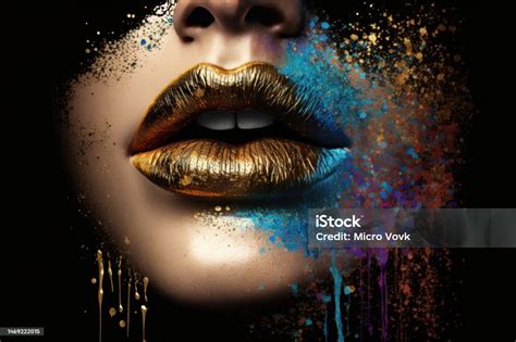검은 배경에 황금색을 가진 소녀 얼굴 황금 입술 3d 그림입니다 검은색에 대한 스톡 사진 및 기타 이미지 검은색 금색