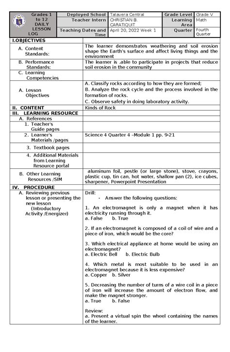 DLL Science 4th Q Kindsof Rocksdocx I A Content Standards The