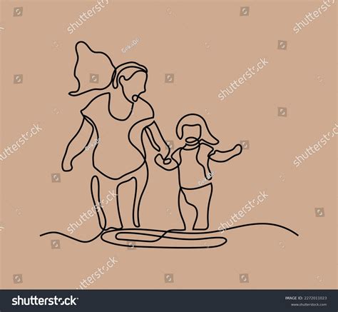 Mom Daughter Playing Together Oneline Continuous Stock Vector Royalty
