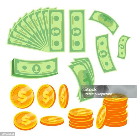 貨幣概念向量紙幣和金幣各種角度孤立的平面卡通插圖向量圖形及更多一美仙圖片 一美仙 儲蓄 充裕 Istock