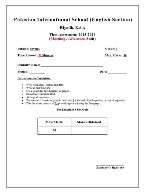 Grade 9 Physics 1st Term Assessment 23 24 Pdf