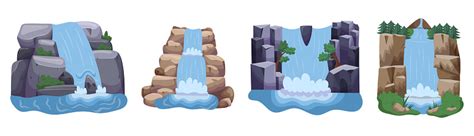 폭포 폭포 흰색 배경에 고립된 아름다운 강 제트기 세트 푸른 잔디가 있는 자연 풍경 요소 강에 대한 스톡 벡터 아트 및 기타 이미지 Istock