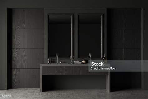 더블 세면대와 목욕 액세서리가 있는 어두운 욕실 인테리어 0명에 대한 스톡 사진 및 기타 이미지 0명 3차원 형태 가정