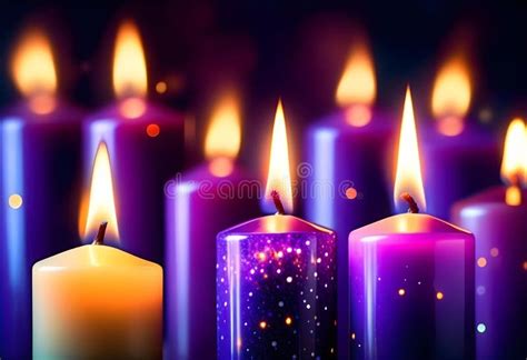 Advent Candles Burning In The Dark With Purple Glitter Stock