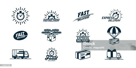 큰 배달 관련 흑백 아이콘 세트 타이머와 패스트 푸드 트럭 상자 등이있는 로고 흰색 배경에 격리된 플랫 스타일 벡터 그림입니다 로고에 대한 스톡 벡터 아트 및 기타 이미지